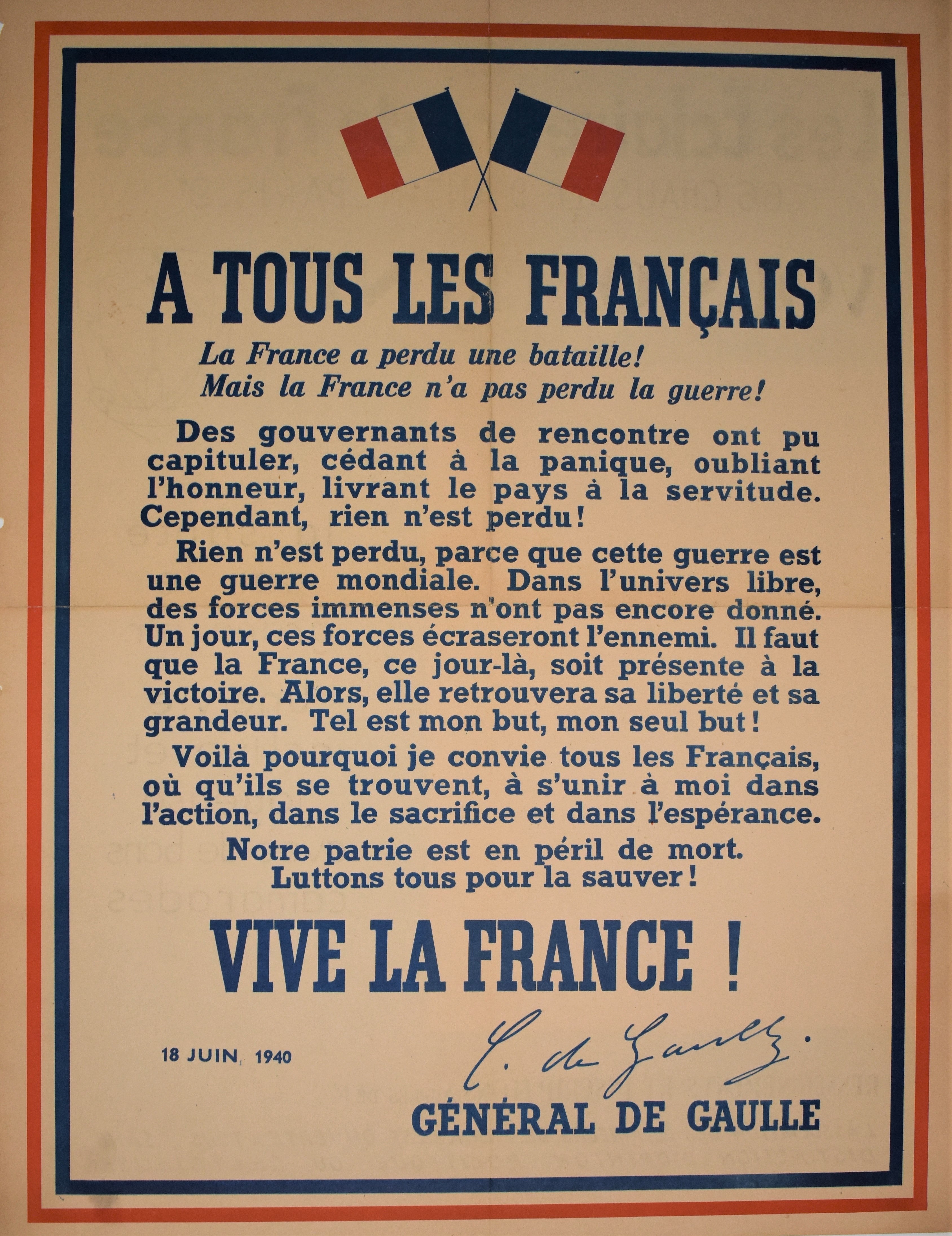 Original Rare WWII Poster, "A Tous Les Francais" Call to Arms by Gener ...
